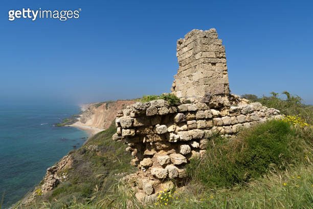 Crusader castle in the ancient town of Apollonia (Tel Arsuf) on ...