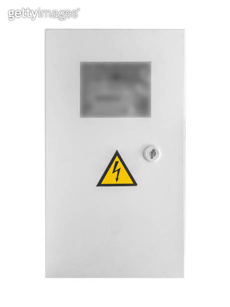 White electrical cabinet with a small window at the top and a yellow ...