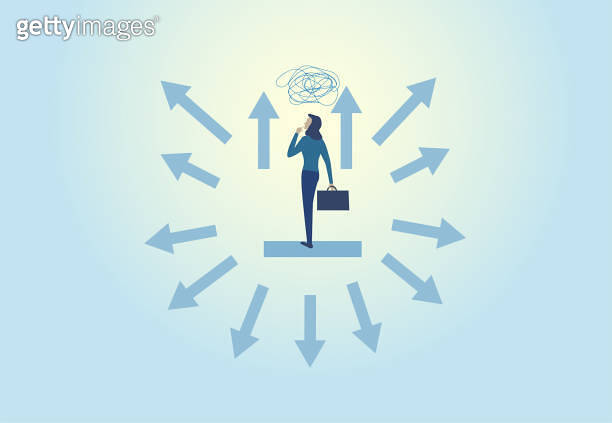 Confusion - Businesswoman confused, with arrows pointing in different ...