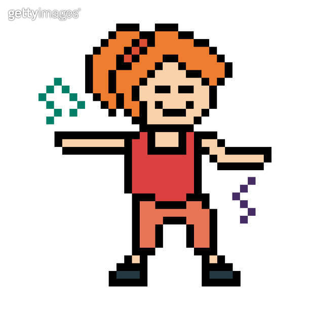 Cartoon cute pixel 8bit character woman exercises training dance ...