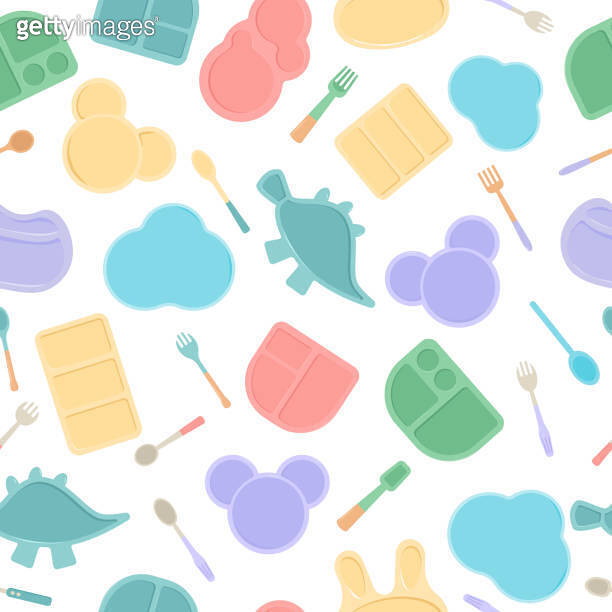 Kids tableware seamless pattern. Childish plates for breakfast with ...