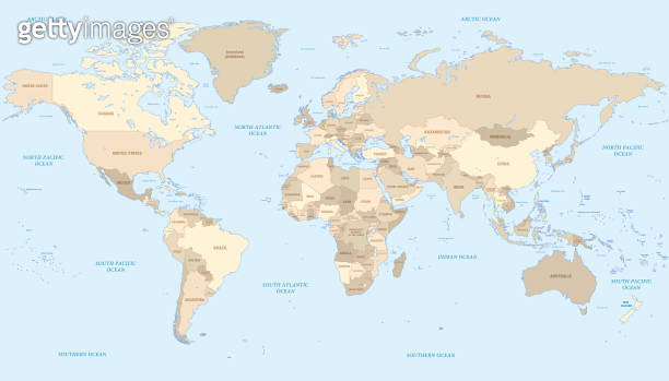 World map vector high detailed illustration with names of countries ...