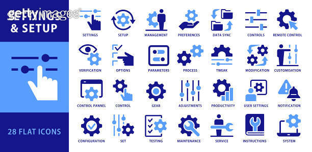 Setup and Settings, vector icon set. Management, Options, Configuration, Controls, Customisation ...
