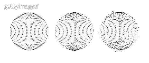Set of dotted spheres with dissolve effect. Stipple disintegrating circle collection. Halftone ...