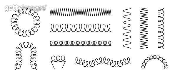 Set of spiral springs. Black metal wire coil collection. Thin spirals ...