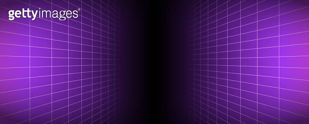 Purple glowing neon wireframe background. Shining checkered vertical ...