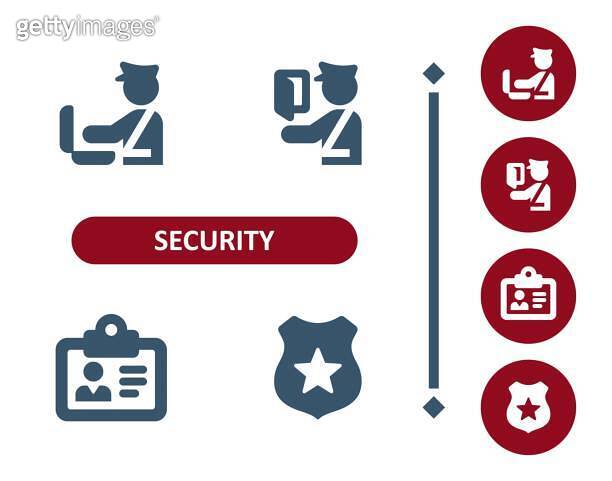 Security icons. Security guard, inspection, checkpoint, ID card, name ...
