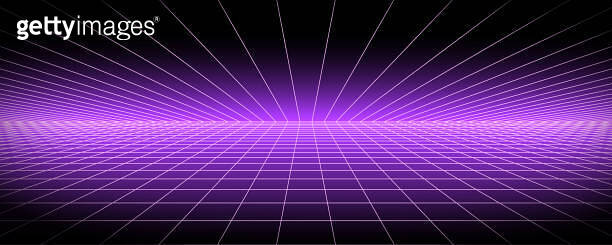 Glowing neon purple wireframe background. Shining checkered grid planes ...