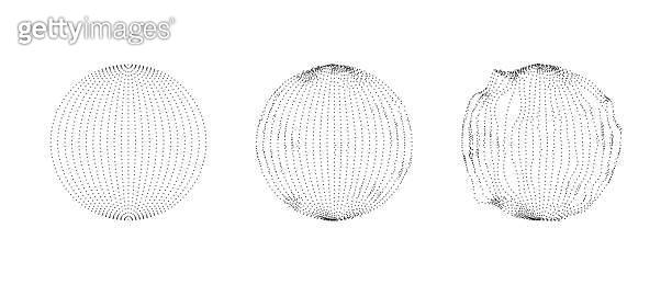 Set of dotted spheres with dissolve effect. Stippled disintegrating ...