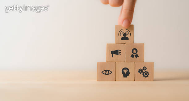 Brand awareness concept. Stacking wooden cube blocks about brand ...