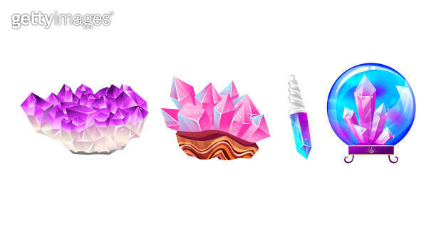 Three colorful crystal clusters and a crystal ball on stands. Vibrant ...