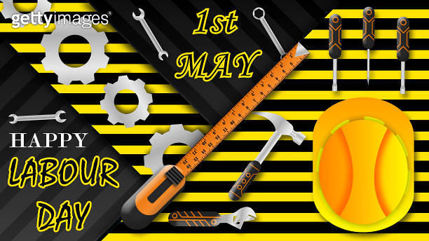 Happy labour day wishes with labour tools, measurement tape and safety ...