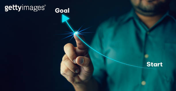 Hand point finger press start button goal. Beginning goal new target ...