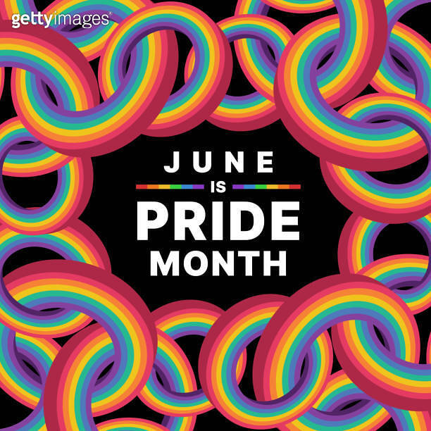 June is pride month text in abstract 3D circle rainbow pride ring cross ...