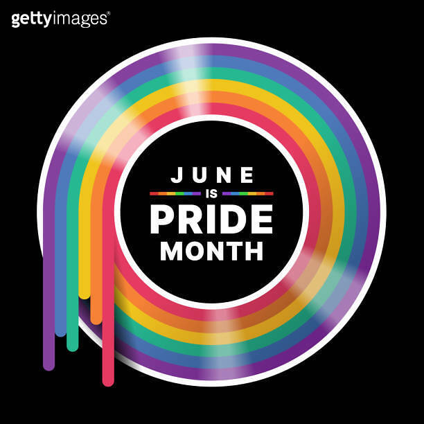 June is pride month - Text in circle rainbow pride flag dish frame ...
