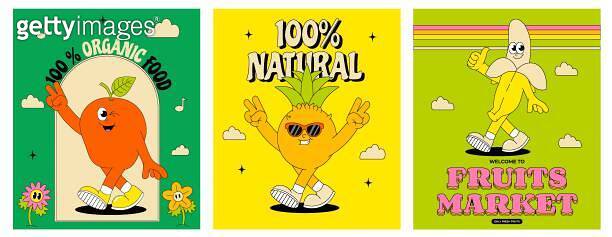 Fruit summer characters. Retro groovy poster set. Trendy funky comic ...