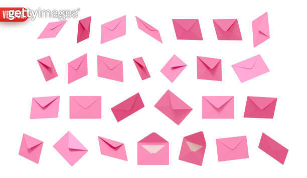 Large set of pink postal paper letters realistic design isolated on ...