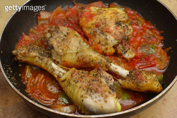 Basquaise chicken Chicken leg cooked with tomato, green pepper and red ...