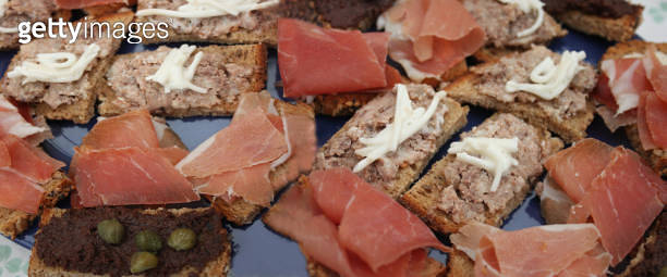 Open sandwich with Tapenade raw ham and rillettes Meal buffet Catering ...