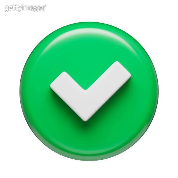 3D realistic tick check mark sign, green round shaped 3d interface ...