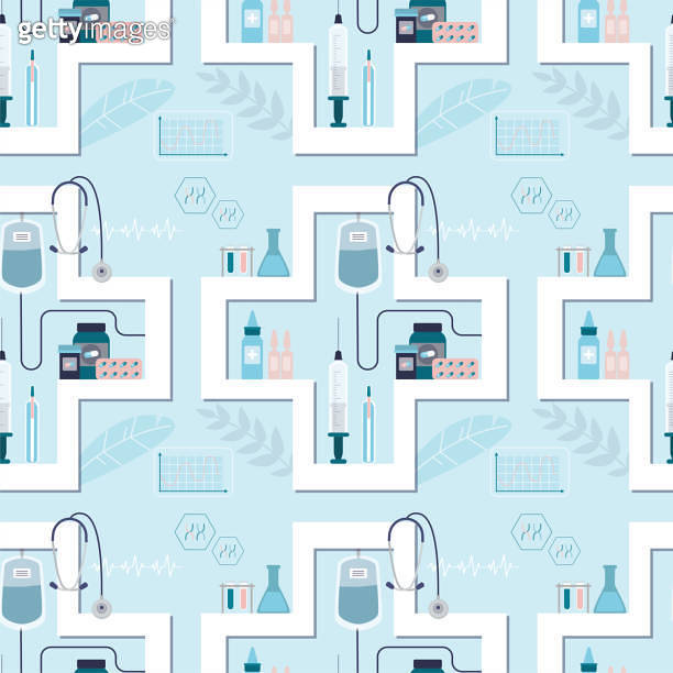 Medical cross with first aid kit. Texture with medical equipment, drugs ...