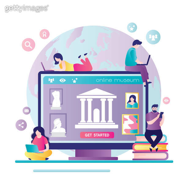 Group of students looking virtual museum on modern gadgets. Art ...