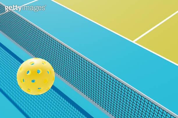 A pickleball ball over a sports court net. 3D rendering 이미지 (2106580806 ...