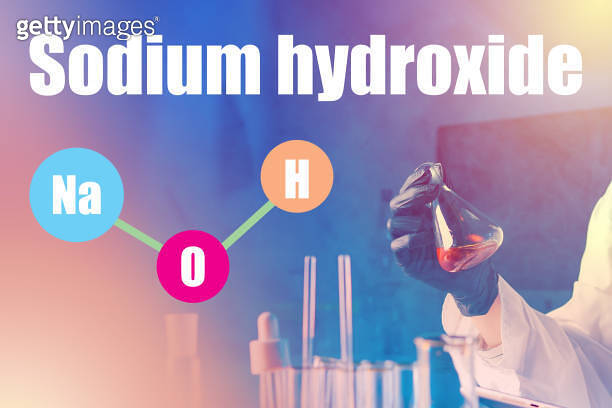 Sodium hydroxide. Formula NaOH next to a chemist. NaOH on the ...
