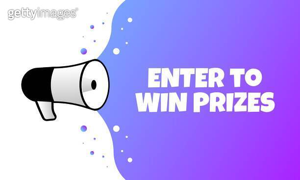 Enter to win prizes sign. Flat, purple, text from a megaphone, enter to ...