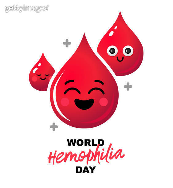 Three cartoon smiling and cute drops of blood. World Hemophilia Day ...