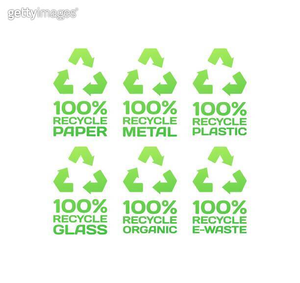 100% recycle icons. Flat, green, 100% recycle paper, metal, plastic ...