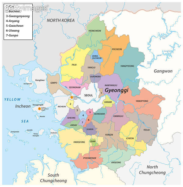 Administrative map of the South Korean province of Gyeonggi and the ...