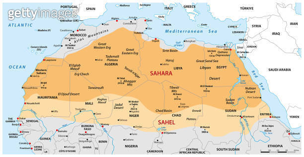Map of the African Sahara Desert and the Sahel 이미지 (2157536016) - 게티이미지뱅크