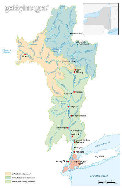Map of the Hudson River watershed, New York, United States 이미지 ...