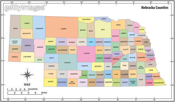 Nebraska state outline administrative and political map in color 이미지 ...