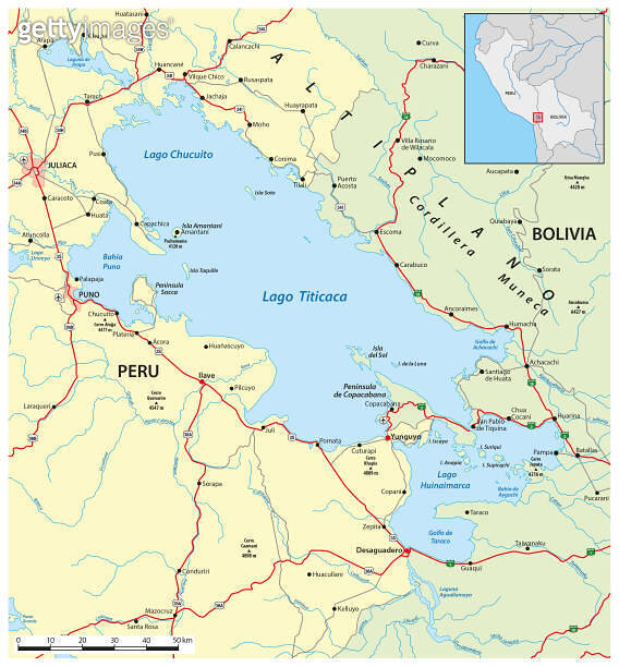 Map of the large South American freshwater lake Titicaca, Peru, Bolivia ...