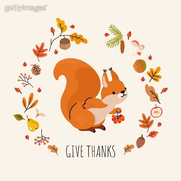 Squirrel thanksgiving day. Cute little forest character holds twig with ...