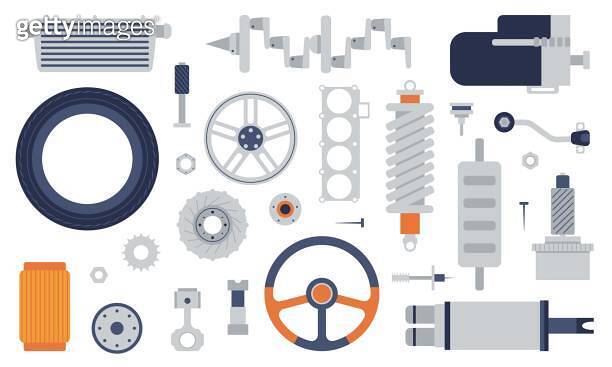 Car flat spare parts. Isolated mechanical spares, automotive components ...