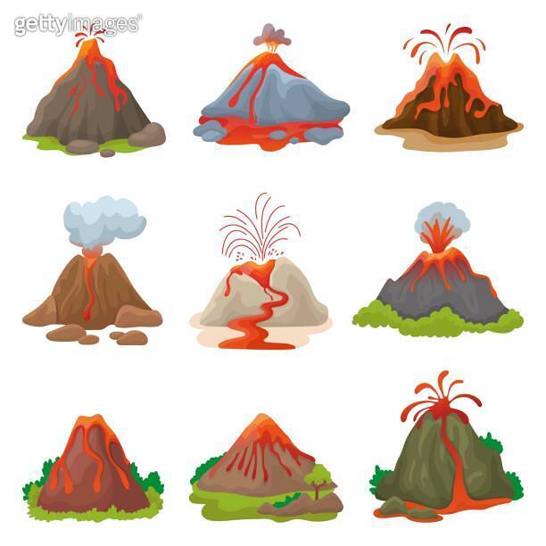 Cartoon volcano. Eruption processes, volcanoes with magma and fire ...