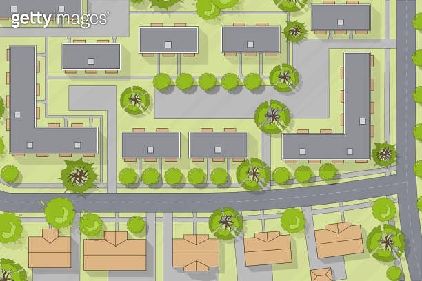 Top view of the city. Plan of town or village with houses, roof, park ...