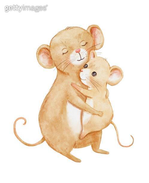 Two cute beige mice hugging. Mom mouse holds baby in arms. Watercolor ...