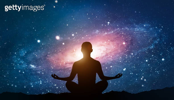 Silhouette of human sitting on stars background. Woman yoga pose ...