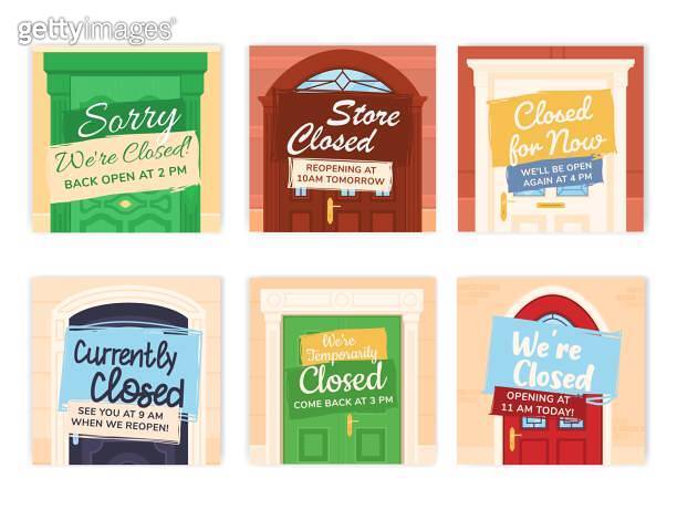 Closed signs displayed on various doors indicating store hours and ...