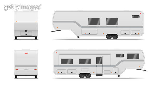 Long travel trailer RV camping caravan front side back view realistic ...