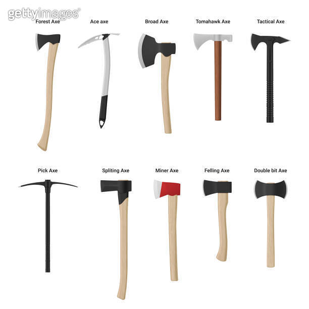 Axes different types with inscription metallic industrial weapon wooden ...