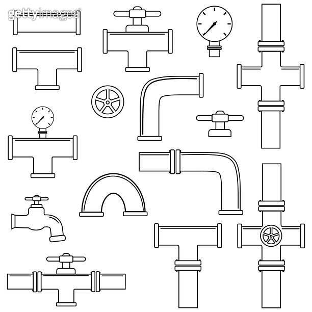 A set of pipelines with taps and water meters. A black outline. Linear ...