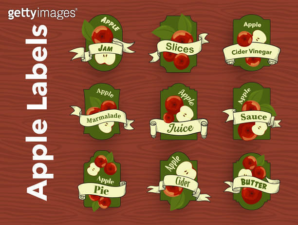 Apple food and drink labels jam pie cider sauce butter pie retro ...