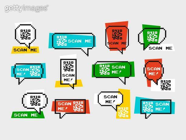 Scan me QR code in pixel speech bubble frame for digital money payment ...