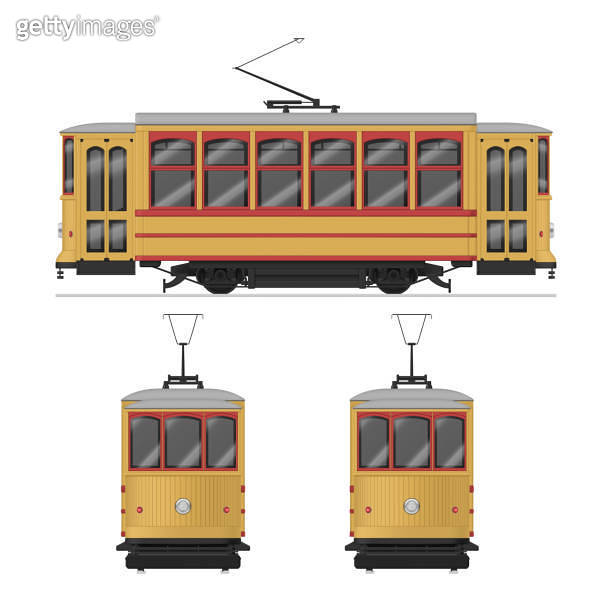 Vintage city tram public transportation urban train front side back ...