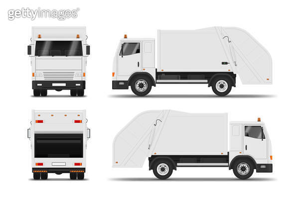 White garbage truck frontal loader waste collection front side set mock ...